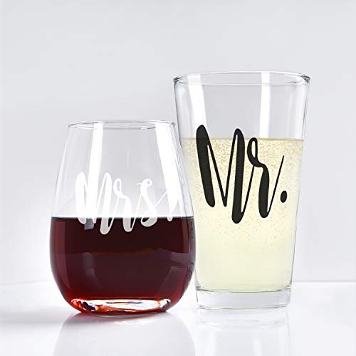 Mr and Mrs Stemless Wine Glass and Beer Glass Set of 2 - Funny Gifts for Him Her Wife Husband Couples, Couple Gift Set for Wedding Engagement Birthday Anniversaries Valentine's Day Christmas 12Oz