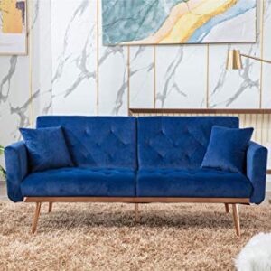 Velvet Mini Sofa, Accent Sofa, Modern Folding Couch, Sofa Bed for Living Room, Loveseat Sofa with Rose Gold Metal Feet (Navy)