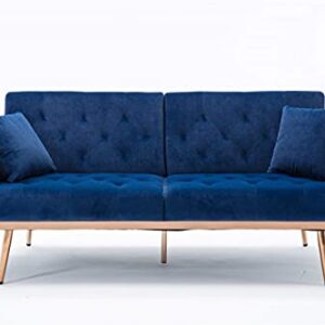 Velvet Mini Sofa, Accent Sofa, Modern Folding Couch, Sofa Bed for Living Room, Loveseat Sofa with Rose Gold Metal Feet (Navy)