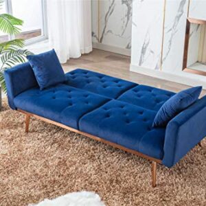 Velvet Mini Sofa, Accent Sofa, Modern Folding Couch, Sofa Bed for Living Room, Loveseat Sofa with Rose Gold Metal Feet (Navy)