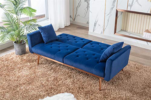 Velvet Mini Sofa, Accent Sofa, Modern Folding Couch, Sofa Bed for Living Room, Loveseat Sofa with Rose Gold Metal Feet (Navy)