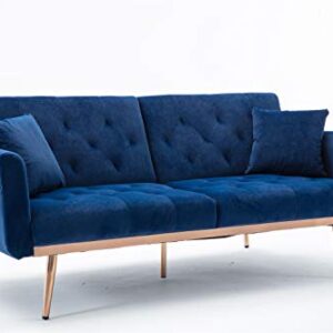 Velvet Mini Sofa, Accent Sofa, Modern Folding Couch, Sofa Bed for Living Room, Loveseat Sofa with Rose Gold Metal Feet (Navy)