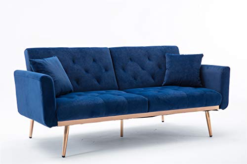 Velvet Mini Sofa, Accent Sofa, Modern Folding Couch, Sofa Bed for Living Room, Loveseat Sofa with Rose Gold Metal Feet (Navy)