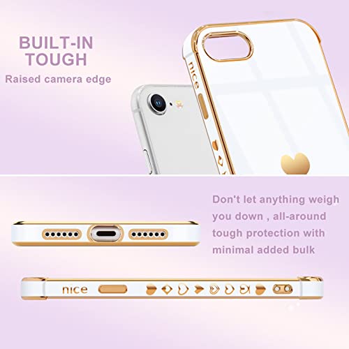 L-FADNUT Compatible with iPhone SE 2020 Case iPhone 7/8 Case iPhone SE 2022 Case Women Girls Cute Bling Heart Design Plating Bumper Shockproof Slim Silicone Protective Cover iPhone 8 Phone Case,White