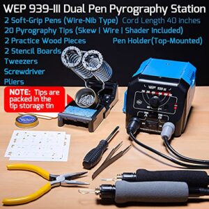 WEP 939-III Dual Pen Wood Burning Kit 34-IN-1 with 20 Woodburning Tips Soft-Grip Pyrography Pen with 2 Stencils, 2 Unfinished Wood, 1 Pen Holder Professional Wood Burner Tool