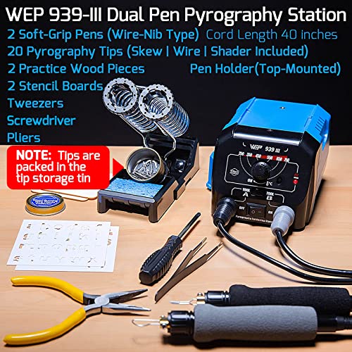 WEP 939-III Dual Pen Wood Burning Kit 34-IN-1 with 20 Woodburning Tips Soft-Grip Pyrography Pen with 2 Stencils, 2 Unfinished Wood, 1 Pen Holder Professional Wood Burner Tool