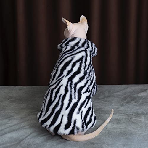 Sphynx Hairless Cat Clothes Winter Thick Warm Zebra Pattern High Collar Coat for Cats Soft Faux Fur Pet Clothes with Sleeves (Zebra, XL（8.8-11lbs）)