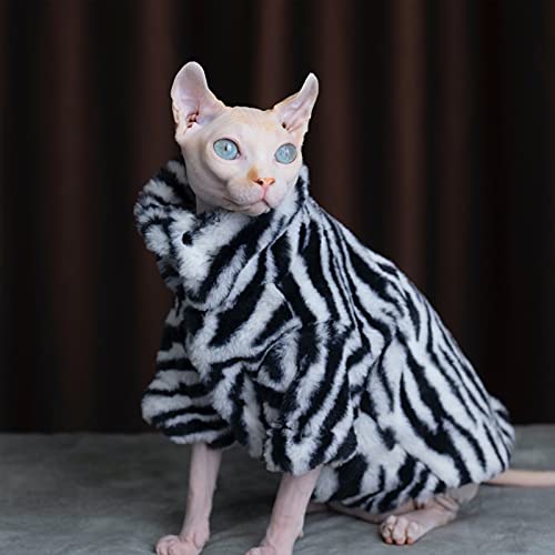 Sphynx Hairless Cat Clothes Winter Thick Warm Zebra Pattern High Collar Coat for Cats Soft Faux Fur Pet Clothes with Sleeves (Zebra, XL（8.8-11lbs）)