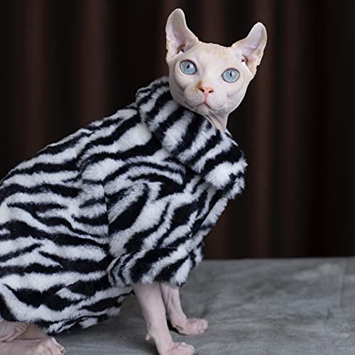 Sphynx Hairless Cat Clothes Winter Thick Warm Zebra Pattern High Collar Coat for Cats Soft Faux Fur Pet Clothes with Sleeves (Zebra, XL（8.8-11lbs）)