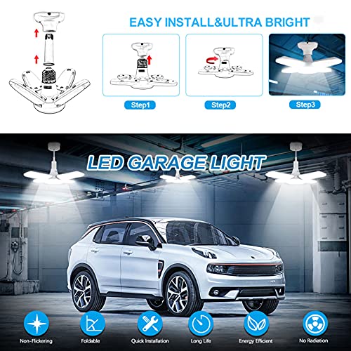 GoolRC 4 Pack LED Garage Lights, 48W 6000LM 6500K E27/B22 LED Garage Ceiling Lights with 4 Adjustable Panels for Garages, Workshop,Indoor, Outdoor