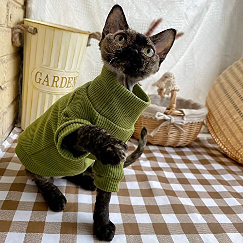 Sphynx Hairless Cat Cotton T-Shirts Summer Breathable Vest Solid Color Turtleneck Pullover Kitten Shirts Sweater Pet Clothes for Cat (Green, XXL(11-15lbs))