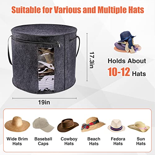 Hat Storage Box- 19" x 17.3" Foldable Felt Hat Box with Dustproof Lid for Beach Cowboy Hat- Large Round Hat Organizer Hat Boxes for Men Women Stuffed Animal Toy Clothes