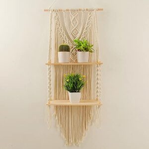 macrame wall hanging shelf - boho indoor hanging shelves for wall - decorative bohemian floating plants room storage shelving macrame rope decor organizer rack, 2 tier indoor handmade plant shelves