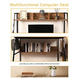 FLANTINO 55 Inch Computer Desk with Hutch and Storage Shelves, Rustic Industrial Home Office Writing Desk Computer Table for Study Writing/Workstation, Archaize Brown