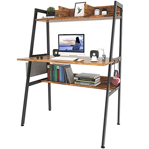 FLANTINO 55 Inch Computer Desk with Hutch and Storage Shelves, Rustic Industrial Home Office Writing Desk Computer Table for Study Writing/Workstation, Archaize Brown