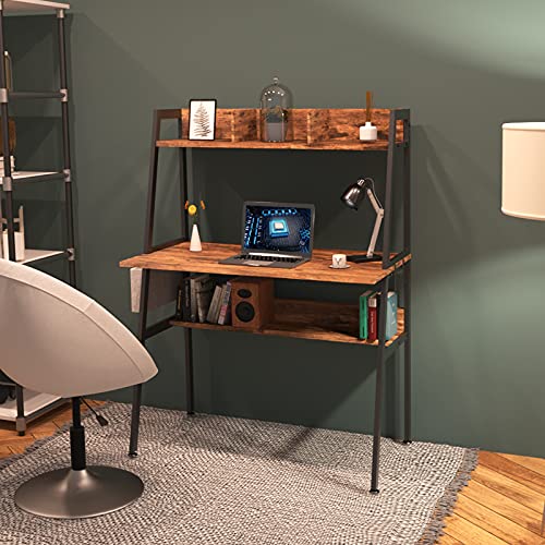 FLANTINO 55 Inch Computer Desk with Hutch and Storage Shelves, Rustic Industrial Home Office Writing Desk Computer Table for Study Writing/Workstation, Archaize Brown