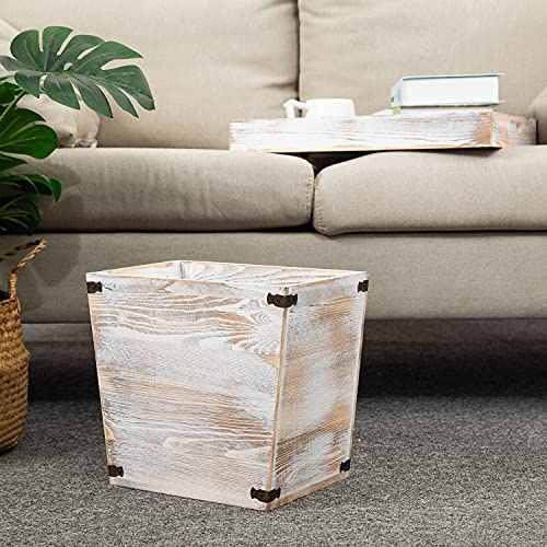 Grey Farmhouse Style Torched Wood Trash Can Waste Bin with Decorative Metal Brackets Trash Can for Bedroom,Living Room, Bathroom & Office (Washed White)