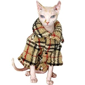 sphynx hairless cat clothes winter thick warm plaid printing high collar button coat for cats soft faux fur pet clothes with sleeves (vintage plaid, m(4.4-5.5lbs))