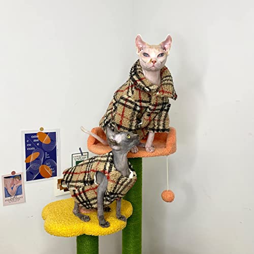 Sphynx Hairless Cat Clothes Winter Thick Warm Plaid Printing High Collar Button Coat for Cats Soft Faux Fur Pet Clothes with Sleeves (Vintage Plaid, M(4.4-5.5lbs))