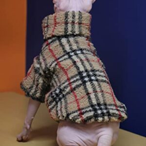 Sphynx Hairless Cat Clothes Winter Thick Warm Plaid Printing High Collar Button Coat for Cats Soft Faux Fur Pet Clothes with Sleeves (Vintage Plaid, M(4.4-5.5lbs))