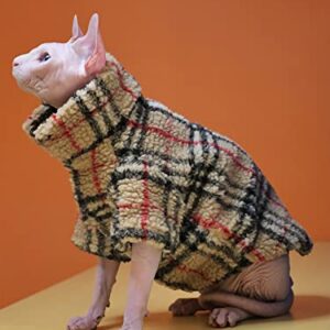 Sphynx Hairless Cat Clothes Winter Thick Warm Plaid Printing High Collar Button Coat for Cats Soft Faux Fur Pet Clothes with Sleeves (Vintage Plaid, M(4.4-5.5lbs))