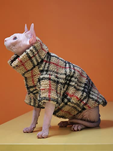 Sphynx Hairless Cat Clothes Winter Thick Warm Plaid Printing High Collar Button Coat for Cats Soft Faux Fur Pet Clothes with Sleeves (Vintage Plaid, M(4.4-5.5lbs))