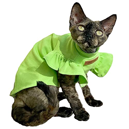 Shirts for Sphynx Cats Summer Breathable Solid Color Cotton Shirts Round Collar Pullover Kitten Shirts with Flared Sleeves Pet Clothes for Cat (Green, L（6.6-8.8lbs）)