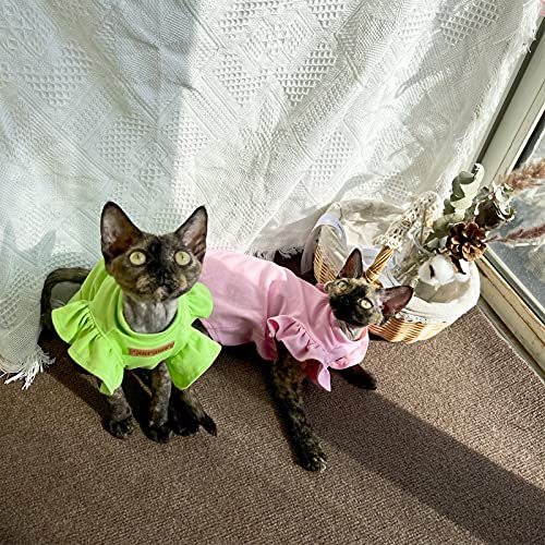 Shirts for Sphynx Cats Summer Breathable Solid Color Cotton Shirts Round Collar Pullover Kitten Shirts with Flared Sleeves Pet Clothes for Cat (Green, L（6.6-8.8lbs）)