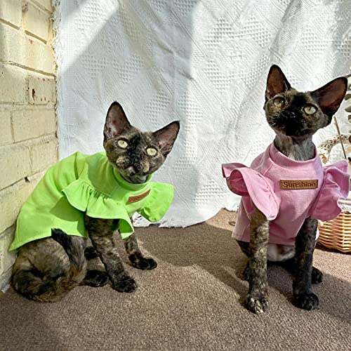 Shirts for Sphynx Cats Summer Breathable Solid Color Cotton Shirts Round Collar Pullover Kitten Shirts with Flared Sleeves Pet Clothes for Cat (Green, L（6.6-8.8lbs）)