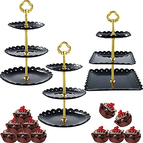 3 Sets of 3-Tier Plastic Cupcake Stand Dessert Plates Mini Cake Fruit Candy Display Tower Reusable Tiered Serving Tray Round Square Pastry Cake Rack Holder Tray for Wedding Birthday (Black)