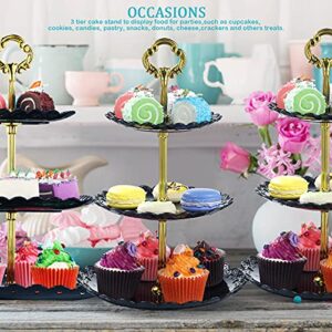 3 Sets of 3-Tier Plastic Cupcake Stand Dessert Plates Mini Cake Fruit Candy Display Tower Reusable Tiered Serving Tray Round Square Pastry Cake Rack Holder Tray for Wedding Birthday (Black)