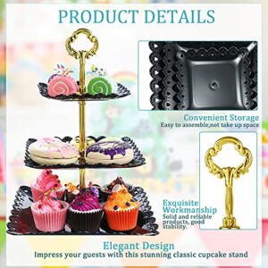 3 Sets of 3-Tier Plastic Cupcake Stand Dessert Plates Mini Cake Fruit Candy Display Tower Reusable Tiered Serving Tray Round Square Pastry Cake Rack Holder Tray for Wedding Birthday (Black)