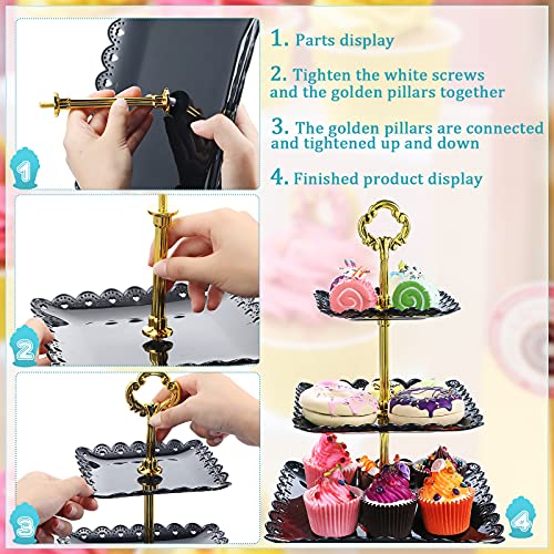 3 Sets of 3-Tier Plastic Cupcake Stand Dessert Plates Mini Cake Fruit Candy Display Tower Reusable Tiered Serving Tray Round Square Pastry Cake Rack Holder Tray for Wedding Birthday (Black)