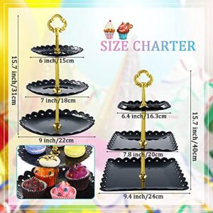 3 Sets of 3-Tier Plastic Cupcake Stand Dessert Plates Mini Cake Fruit Candy Display Tower Reusable Tiered Serving Tray Round Square Pastry Cake Rack Holder Tray for Wedding Birthday (Black)