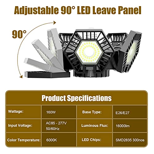 LED Garage Lights, 16000 High Lumens 160 watts Garage Light with 5 Garage Ceiling Lights Panels 90°Roataion Angle 160W 6000K Garage Light Bulb for Garage Workshop Basement Warehouse(1Pack)