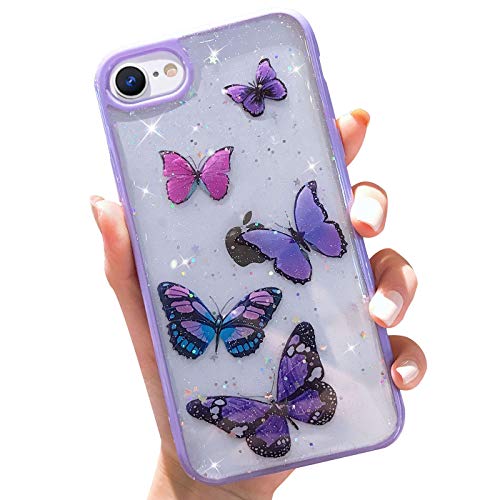 wzjgzdly Butterfly Bling Clear Case Compatible with iPhone 6 / iPhone 6s, Glitter Case for Women Cute Slim Soft Slip Resistant Protective Phone Cover for iPhone 6 / iPhone 6s (4.7 inch) - Purple