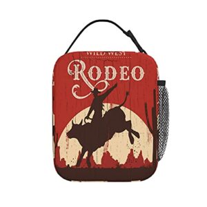 MSUGU Insulated Lunch Bag Reusable Tote Bag lunch box for men Rodeo Cowboy Riding Bull Wooden Old Sign Western Style Wilderness At Sunset Image Theme women cooler bag