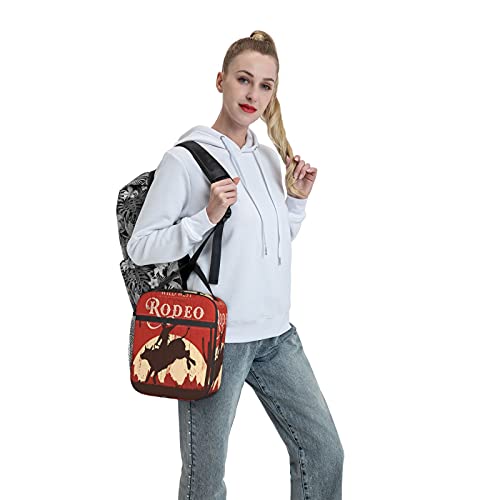 MSUGU Insulated Lunch Bag Reusable Tote Bag lunch box for men Rodeo Cowboy Riding Bull Wooden Old Sign Western Style Wilderness At Sunset Image Theme women cooler bag