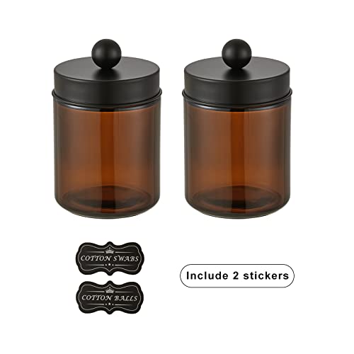 INIUNIK Amber Glass Qtip Holder, 2 Pack Apothecary Jars with Lids Cotton Ball Holder Cotton Round Swab Pad Holder, Bathroom Jars Counter Storage Jars Containers for Restroom Bathroom Organizer, Amber