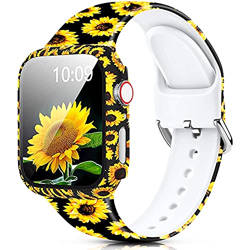 LKEITY Floral Printed Pattern Silicone Band with Case Cover Set Screen Protector Compatible for Apple Watch 41mm 45mm 38mm 40mm 44mm 42mm, Soft Sport Strap for iWatch Series 8 7 SE 6 5 4 3 2 1 Women