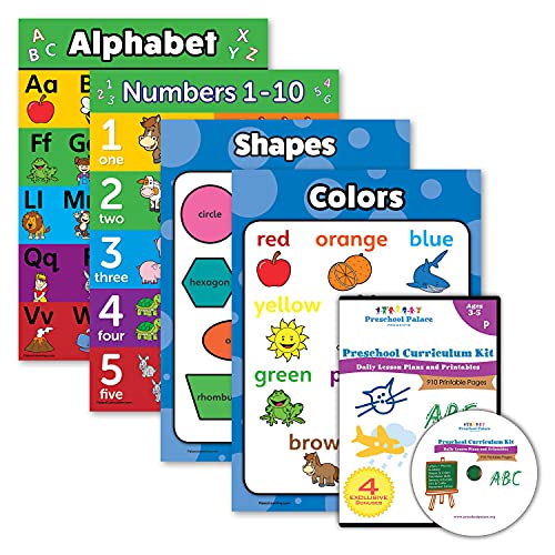 Palace Learning 5 Pack - Preschool Curriculum Kit on CD & ABC Alphabet + Numbers 1-10 + Shapes + Colors Poster Set (LAMINATED, 18” x 24”)