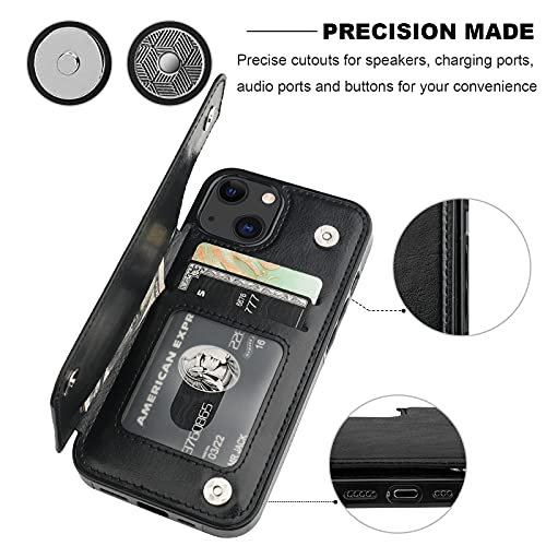 ONETOP Compatible with iPhone 13 Wallet Case with Card Holder, PU Leather Kickstand Card Slots Case, Double Magnetic Clasp Durable Shockproof Cover 6.1 Inch(Black)