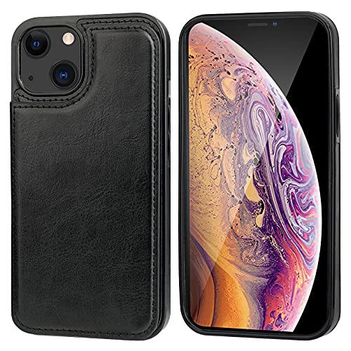 ONETOP Compatible with iPhone 13 Wallet Case with Card Holder, PU Leather Kickstand Card Slots Case, Double Magnetic Clasp Durable Shockproof Cover 6.1 Inch(Black)