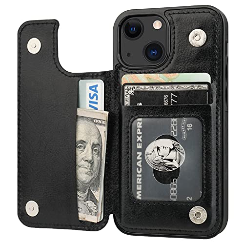 ONETOP Compatible with iPhone 13 Mini Wallet Case with Card Holder, PU Leather Kickstand Card Slots Case, Double Magnetic Clasp and Durable Shockproof Cover 5.4 Inch(Black)