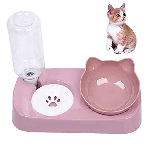 Cat Dog Water and Food Bowls, Tilted Raised Water Bottle and Food Bowl Set, Automatic Feeder Pet Food Bowl with Water Dispenser, Pet Bowl Sets, Pink for Kitten and Puppy, 11.81 x 6.5 x 11.02 inches