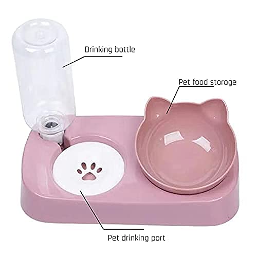 Cat Dog Water and Food Bowls, Tilted Raised Water Bottle and Food Bowl Set, Automatic Feeder Pet Food Bowl with Water Dispenser, Pet Bowl Sets, Pink for Kitten and Puppy, 11.81 x 6.5 x 11.02 inches