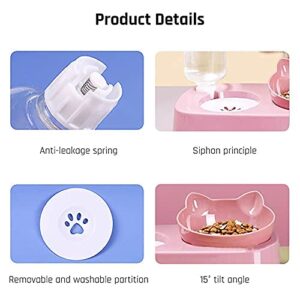 Cat Dog Water and Food Bowls, Tilted Raised Water Bottle and Food Bowl Set, Automatic Feeder Pet Food Bowl with Water Dispenser, Pet Bowl Sets, Pink for Kitten and Puppy, 11.81 x 6.5 x 11.02 inches