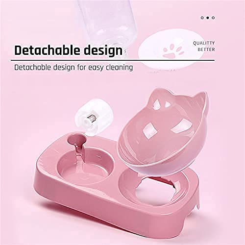 Cat Dog Water and Food Bowls, Tilted Raised Water Bottle and Food Bowl Set, Automatic Feeder Pet Food Bowl with Water Dispenser, Pet Bowl Sets, Pink for Kitten and Puppy, 11.81 x 6.5 x 11.02 inches