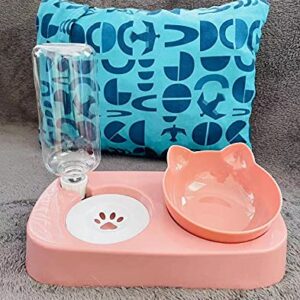 Cat Dog Water and Food Bowls, Tilted Raised Water Bottle and Food Bowl Set, Automatic Feeder Pet Food Bowl with Water Dispenser, Pet Bowl Sets, Pink for Kitten and Puppy, 11.81 x 6.5 x 11.02 inches