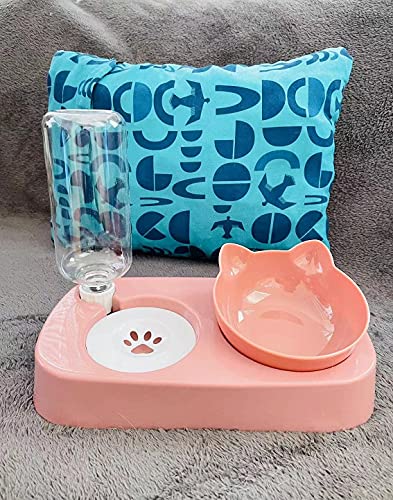 Cat Dog Water and Food Bowls, Tilted Raised Water Bottle and Food Bowl Set, Automatic Feeder Pet Food Bowl with Water Dispenser, Pet Bowl Sets, Pink for Kitten and Puppy, 11.81 x 6.5 x 11.02 inches